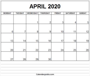 Printable April 2020 Calendar Template with Notes, Holidays UK, Canada