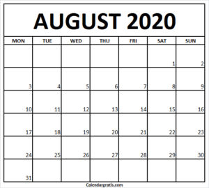 Printable August 2020 Calendar Holidays | Template | PNG | EXCEL | PDF