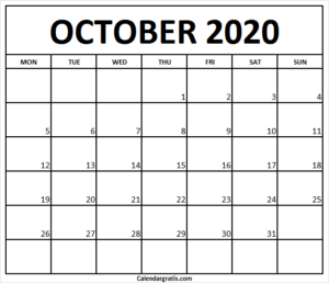 Printable October 2020 Calendar Template with Holidays, Notes, Festivals