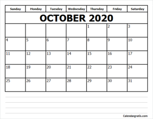Printable October 2020 Calendar Template with Holidays, Notes, Festivals