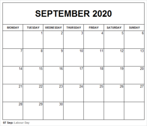 Printable September 2020 Calendar Holidays | Workout Planner Template