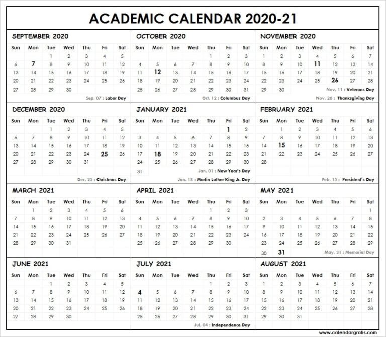 2020-2021 School Calendar Template | Academic Calendar 2020/21