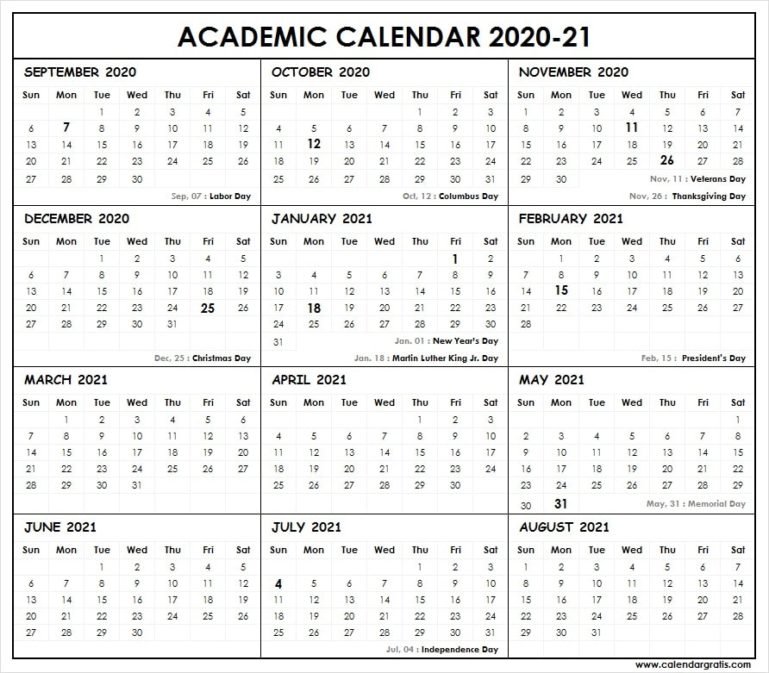 2020-2021 School Calendar Template | Academic Calendar 2020/21
