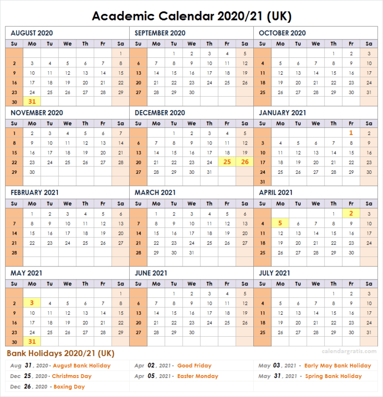 2020-2021 School Calendar Template | Academic Calendar 2020/21