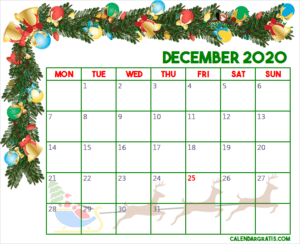 Printable December 2020 Calendar Template | Chrismas Holiday 2020