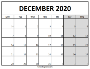 Printable December 2020 Calendar Template | Chrismas Holiday 2020