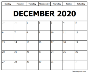 Printable December 2020 Calendar Template | Chrismas Holiday 2020