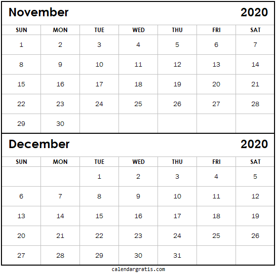 November December 2020 Calendar Template | January February 2021