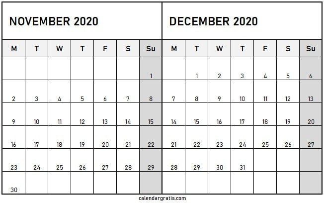 November December 2020 Calendar Template | January February 2021