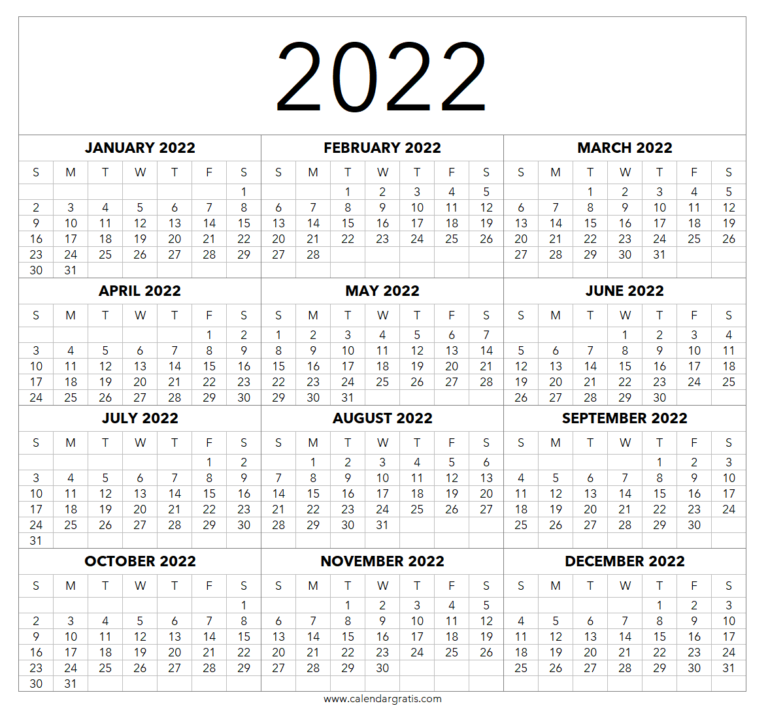Year 2022 Printable Calendar One Page Template | Calendar Gratis