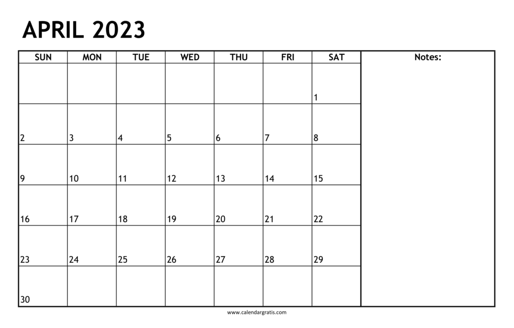 April 2023 Calendar with Notes Section | Free Printable Monthly Planner