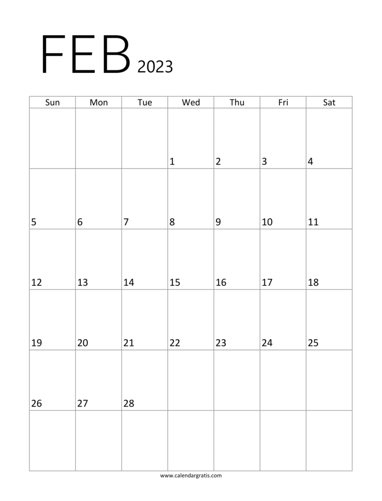 February 2023 Calendar A4 Printable Template | Vertical Layout Calendar