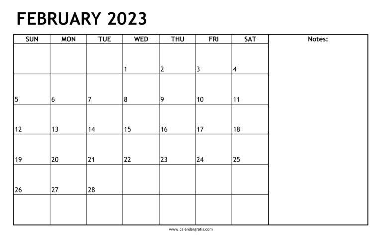 February 2023 Calendar with Notes Section | Printable Monthly Planner