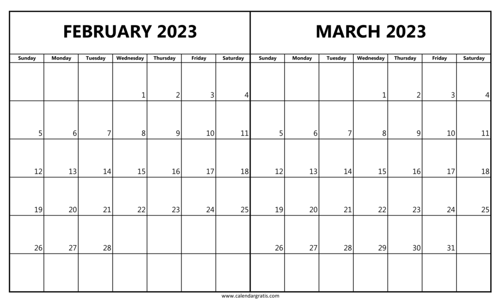 February March 2023 Calendar Printable Template | Two-month Planner