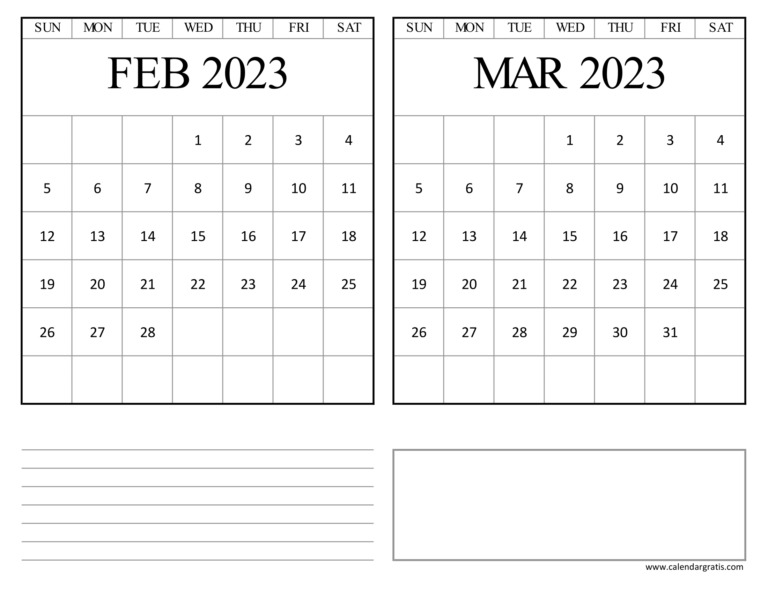 February March 2023 Calendar Printable Template | Two-month Planner
