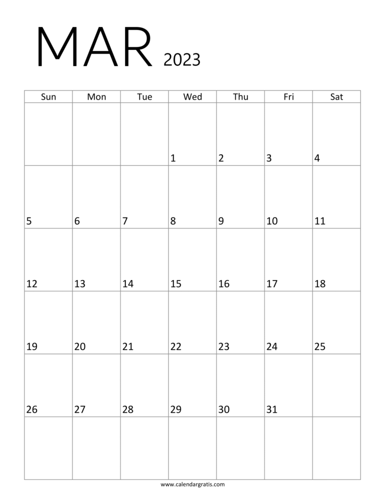 March 2023 Calendar A4 Printable Template | Vertical Layout Calendar