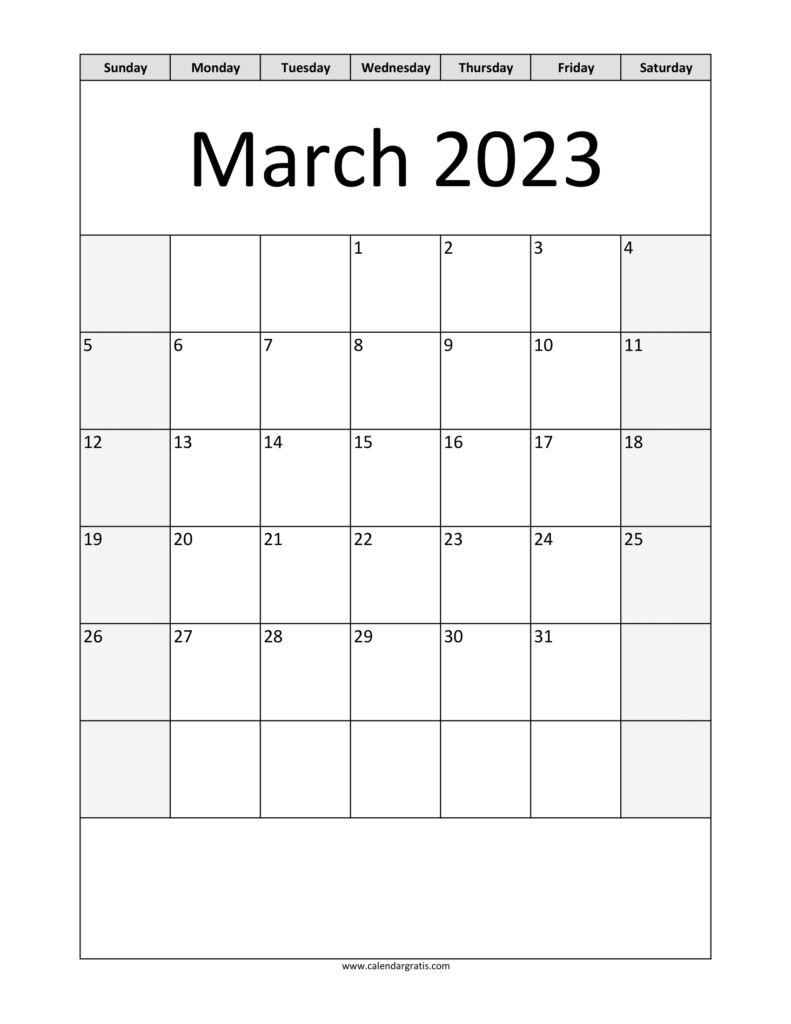 March 2023 Calendar A4 Printable Template | Vertical Layout Calendar