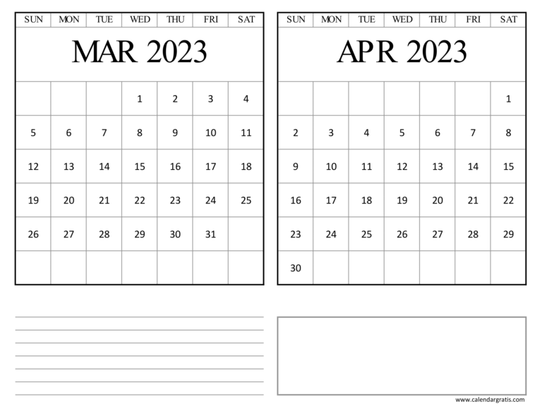 March April 2023 Calendar Printable Template | Two-month Planner to Print