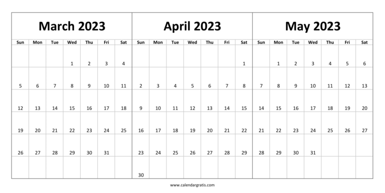 March April May 2023 Calendar Printable Template | Three Month Calendar