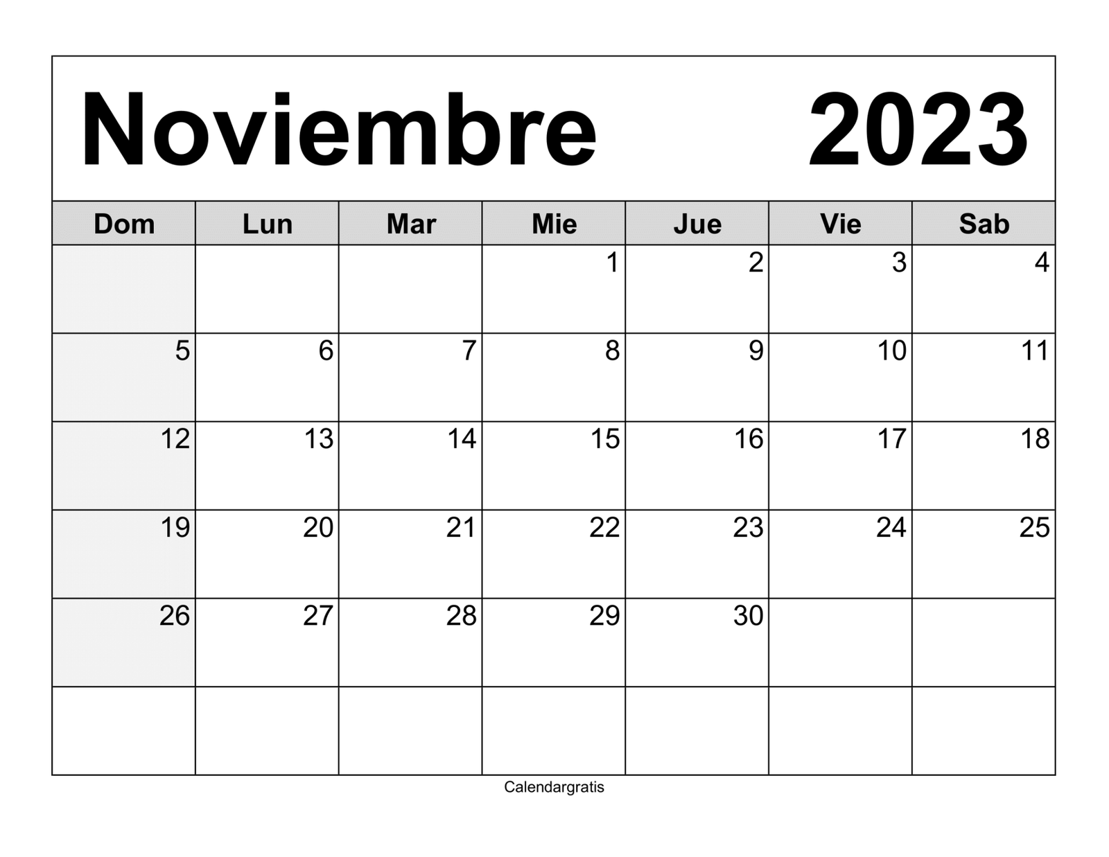 Calendario Noviembre 2023 Para Imprimir gratis