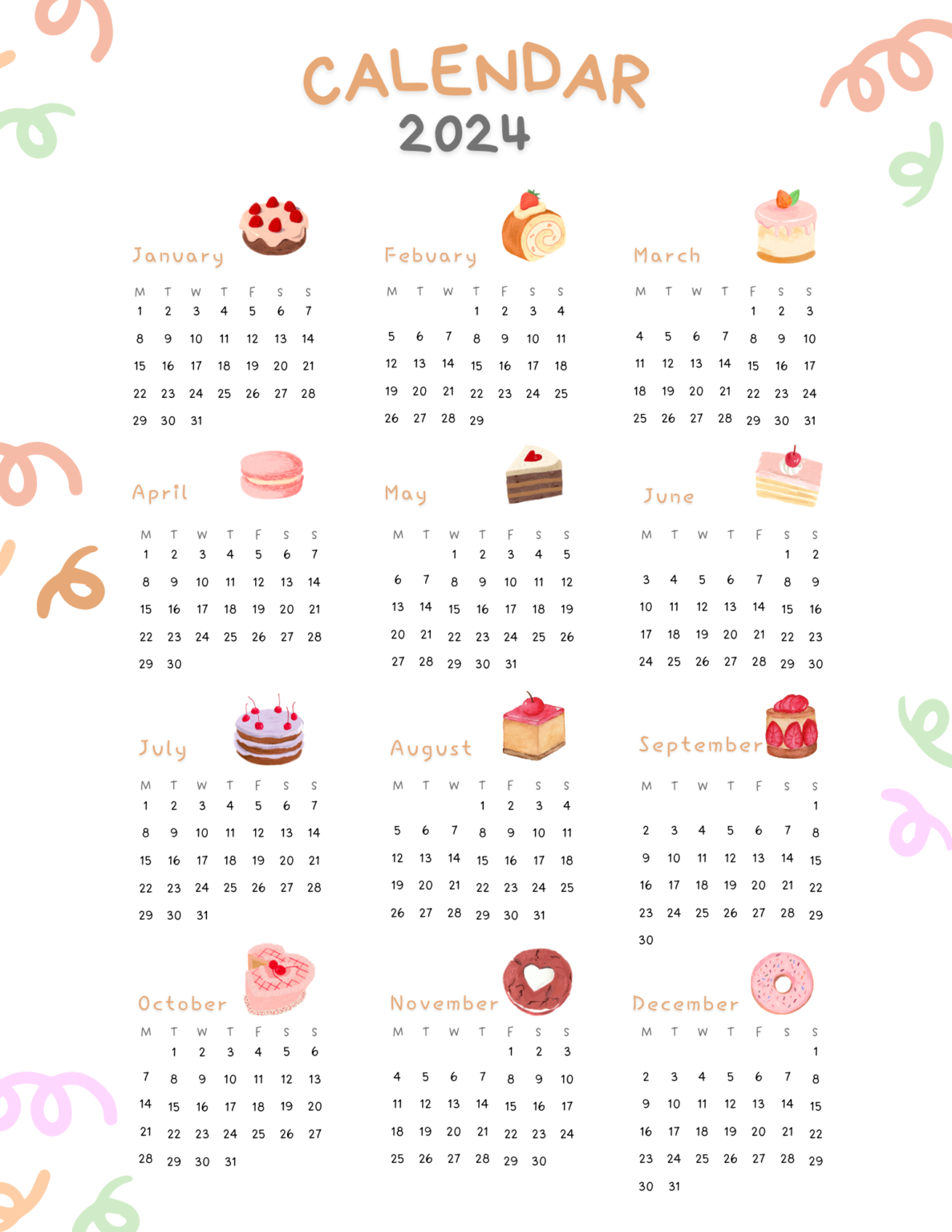 Kids Calendar 2024 - Free Printable January to December 2024