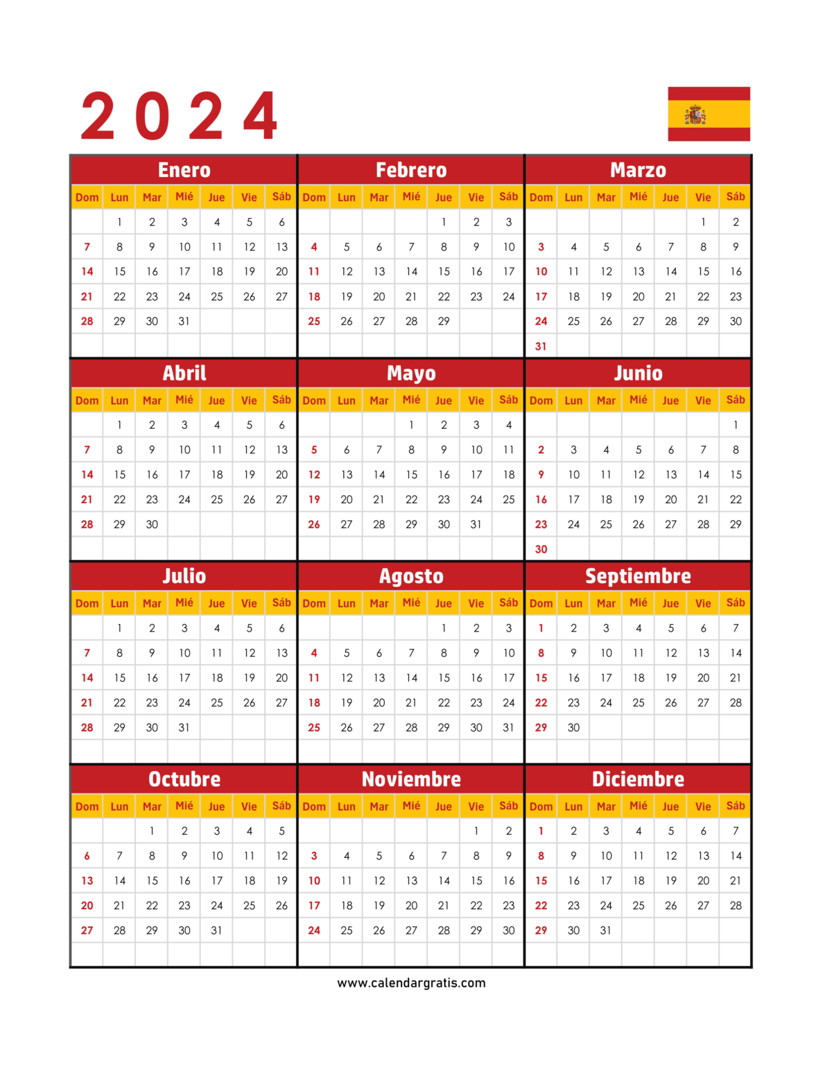 Calendario 2024 España para Imprimir - Descarga Gratis
