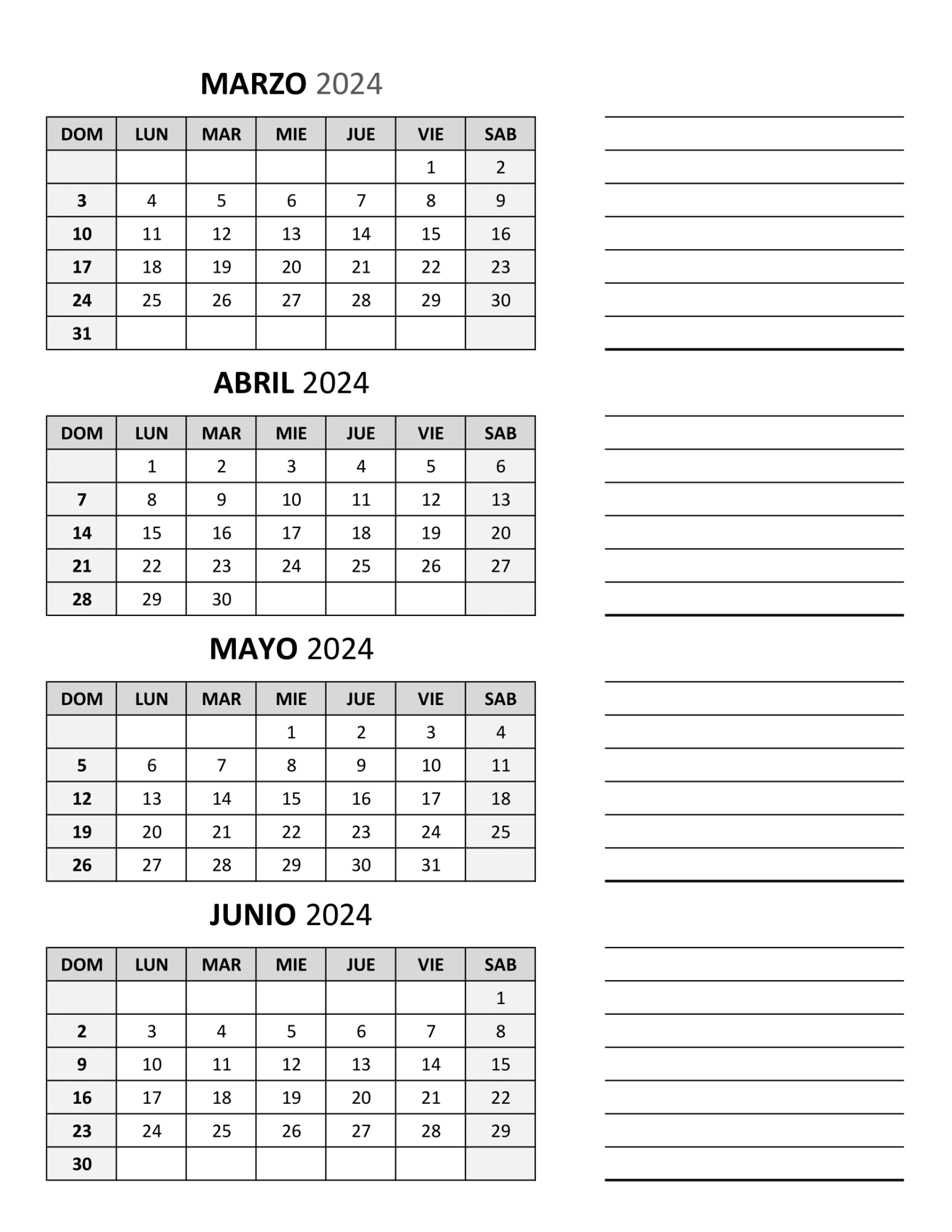 Calendario Marzo Abril Mayo Junio 2024