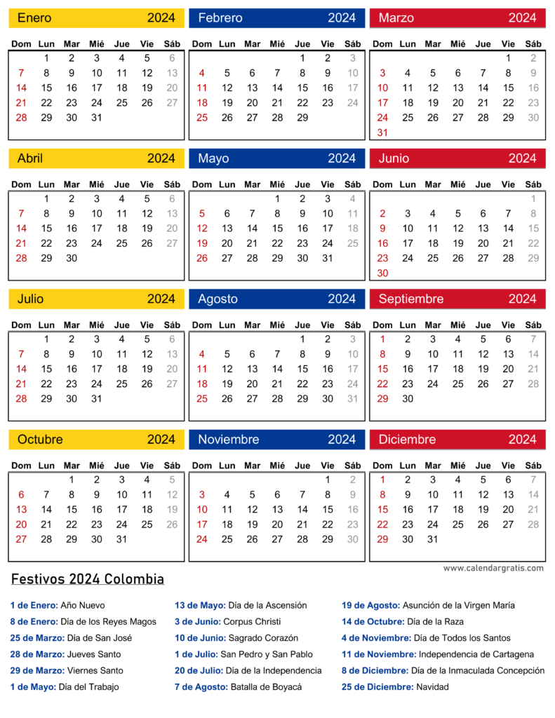 Calendario 2024 Colombia con Festivos para Imprimir
