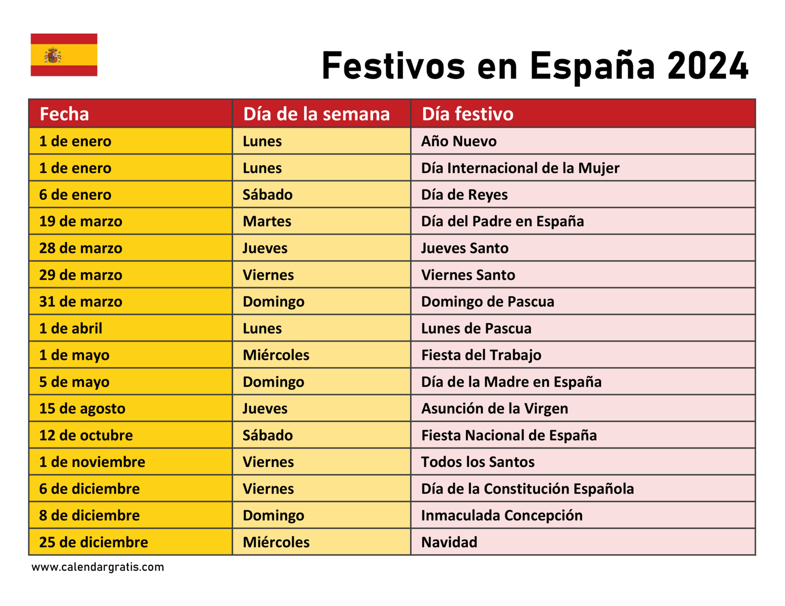 Calendario 2024 con Festivos España Para Imprimir Gratis