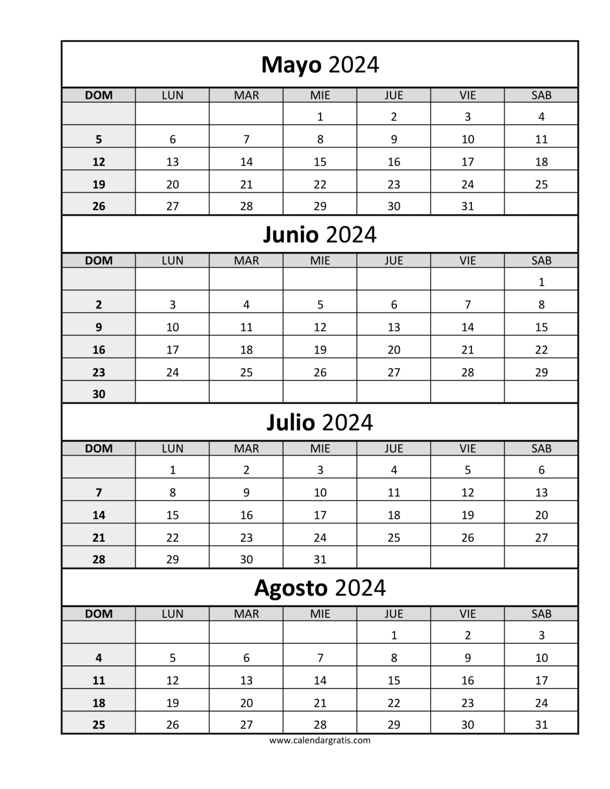 Calendario Mayo Junio Julio y Agosto 2024