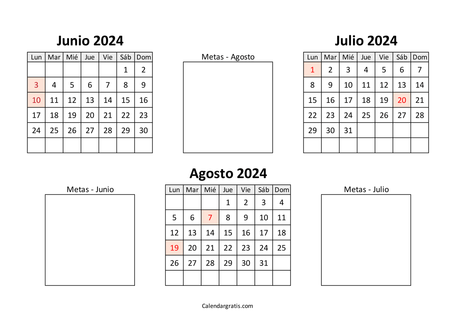 Calendario de junio julio y agosto 2024 para imprimir gratis