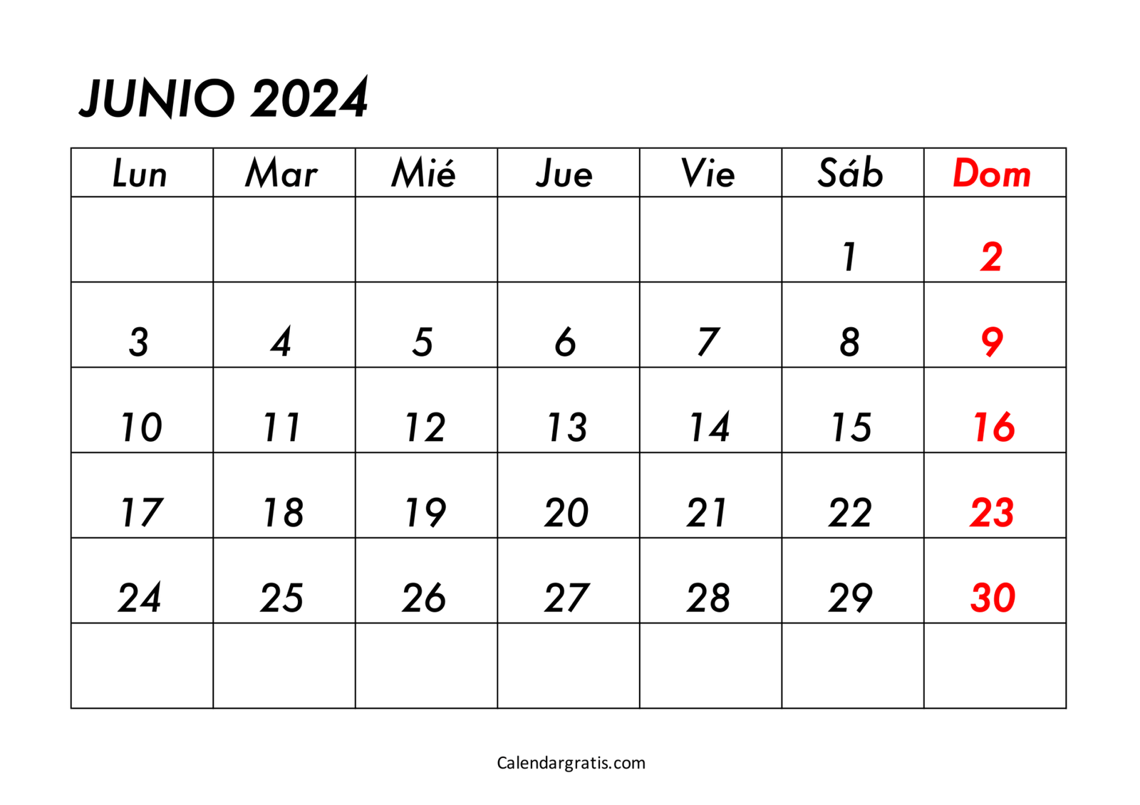 Calendario del mes de junio 2024 para imprimir : Lista de días festivos ...