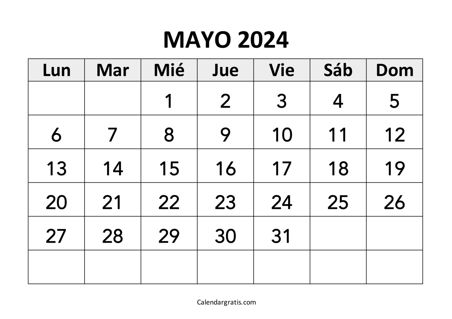 Calendario del mes de mayo 2024 para imprimir gratis