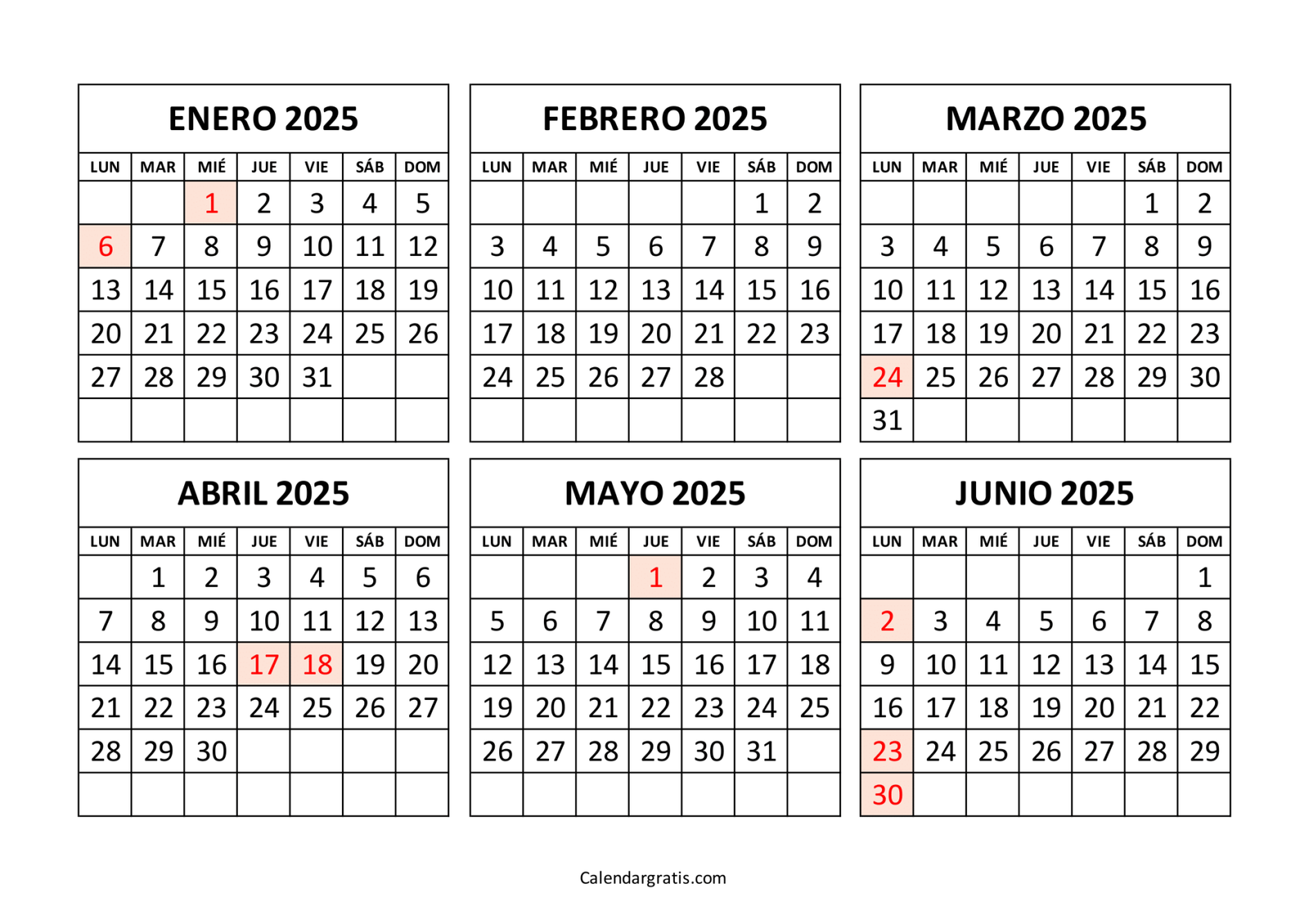 Calendario enero a junio 2025 para imprimir gratis : Con festivos