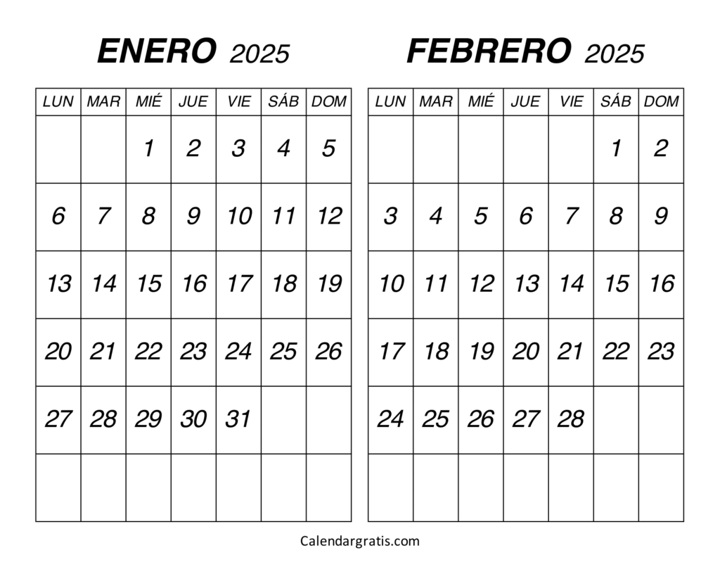 Calendario enero febrero 2025 para imprimir gratis