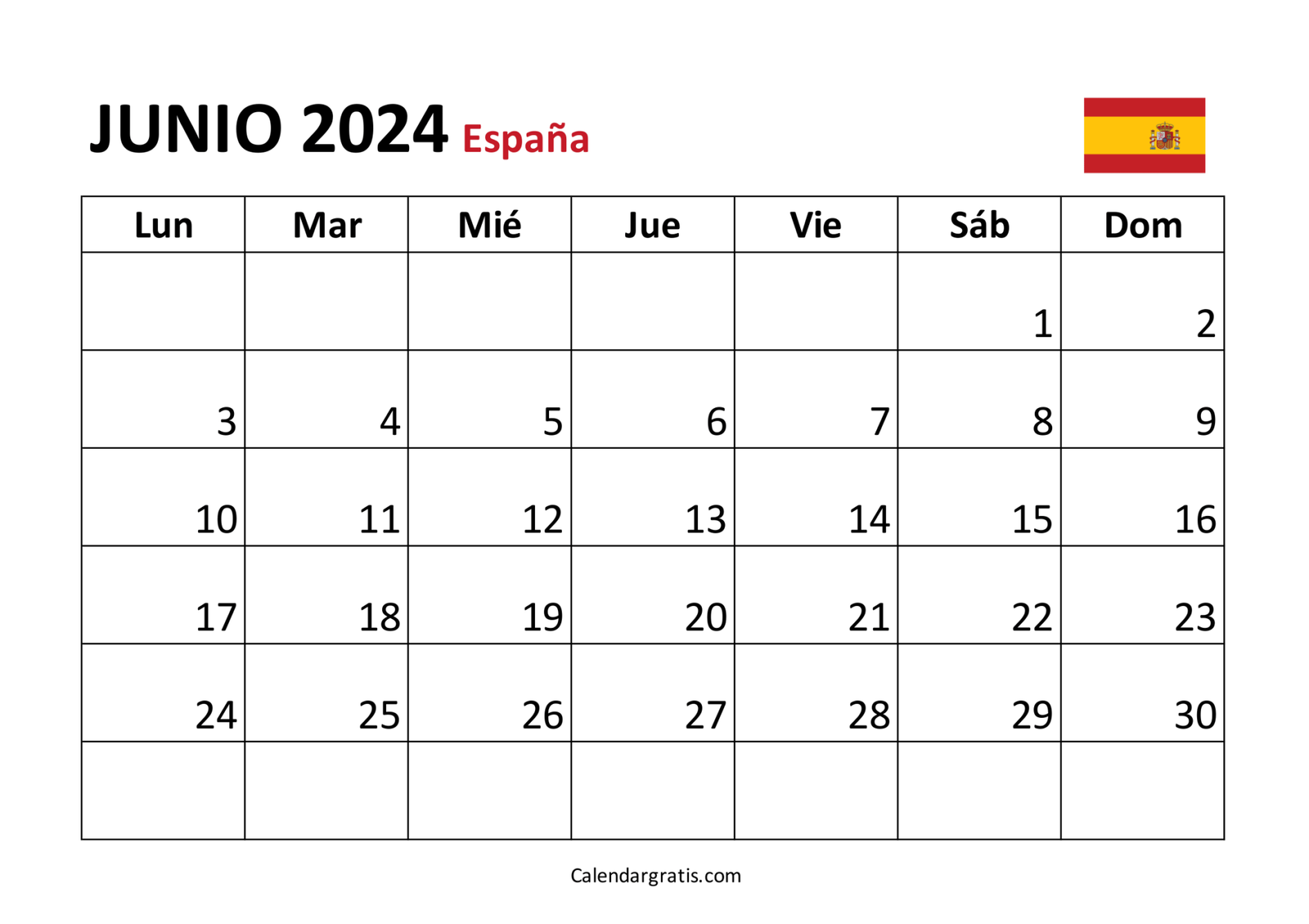 Calendario junio 2024 con feriados: México, Colombia, España, Argentina