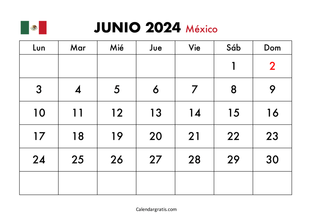 Calendario junio 2024 con feriados: México, Colombia, España, Argentina