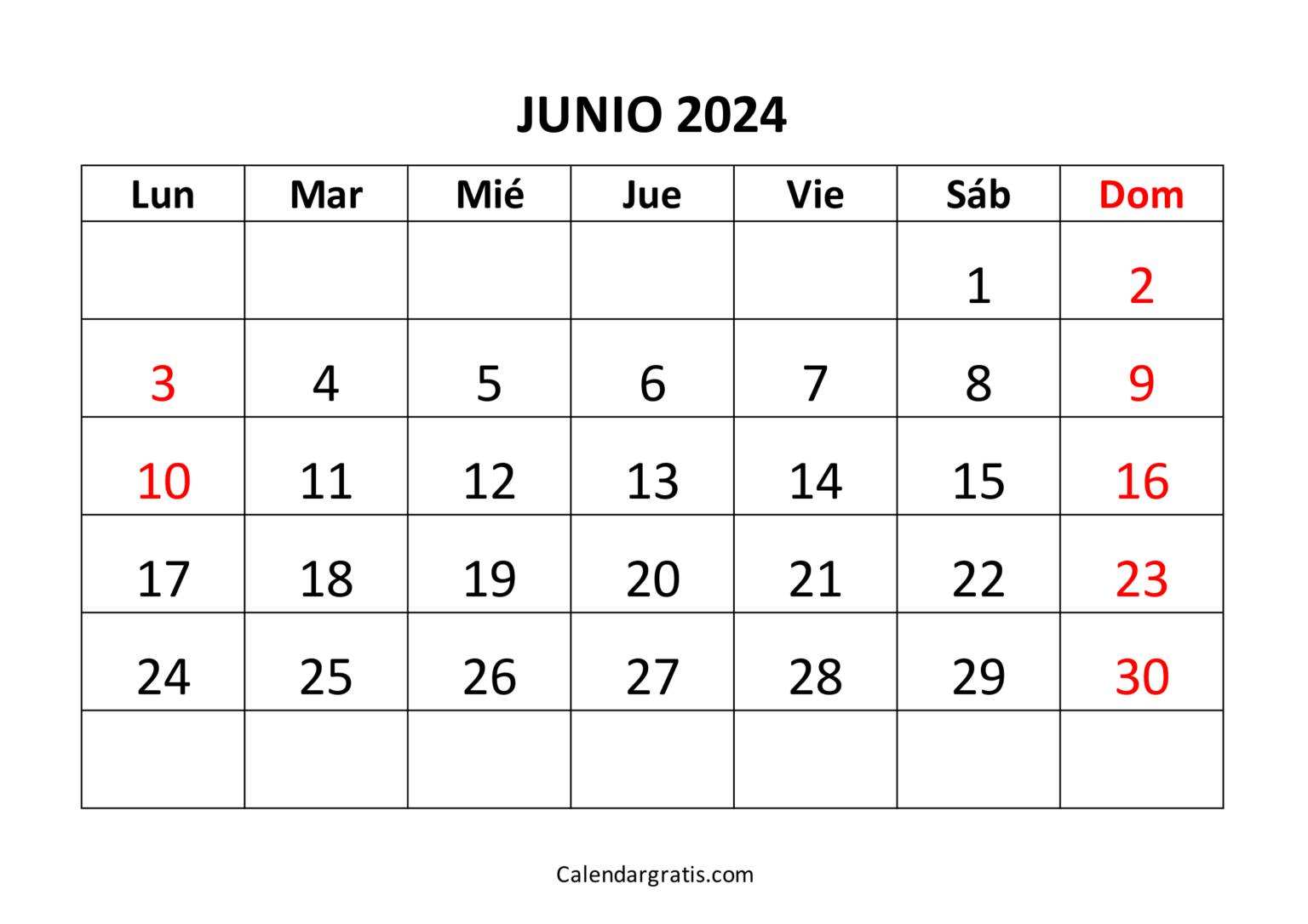 Calendario junio 2024 para imprimir con feriados en México y Colombia