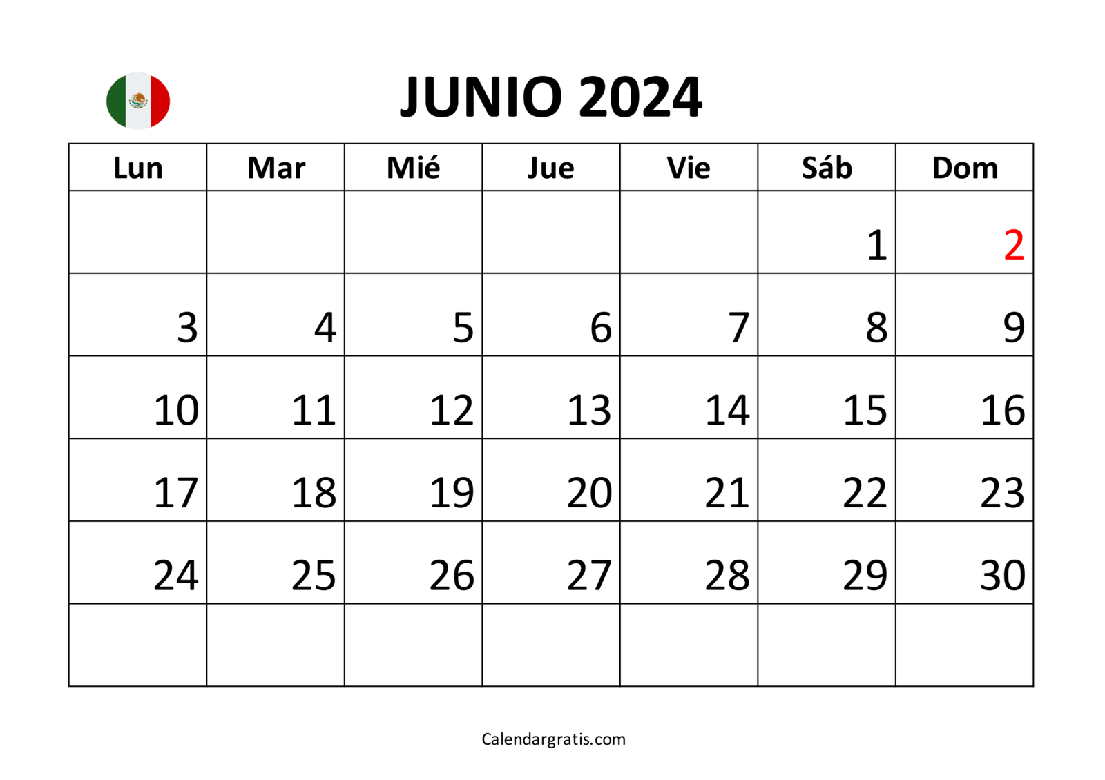 Calendario junio 2024 para imprimir con feriados en México y Colombia