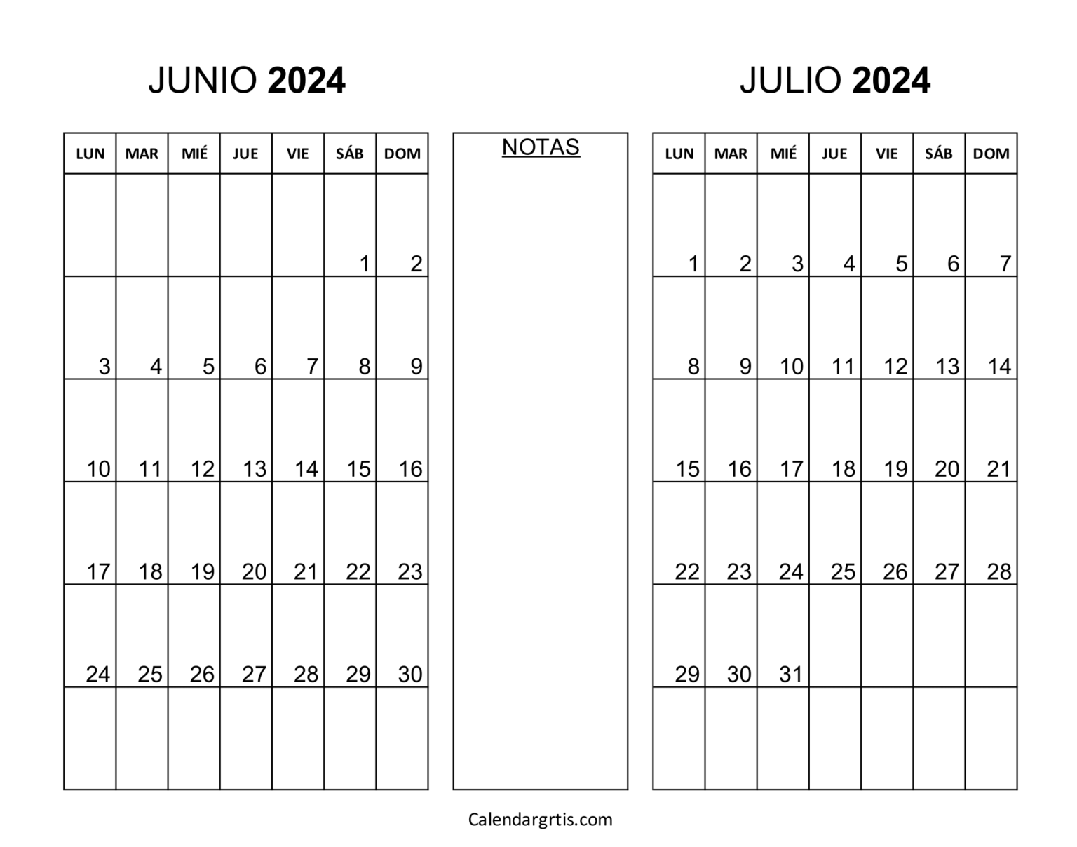 Calendario junio julio 2024 para imprimir : Festivos en Colombia