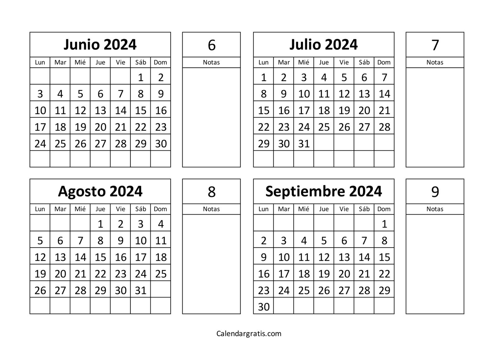 Calendario junio julio agosto septiembre 2024 para imprimir