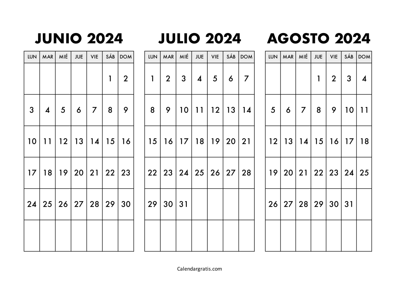 Calendario junio julio y agosto 2024 : Para imprimir gratis