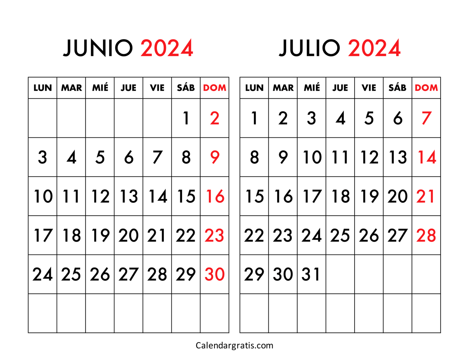 Calendario junio y julio 2024 para imprimir gratis : 2 meses