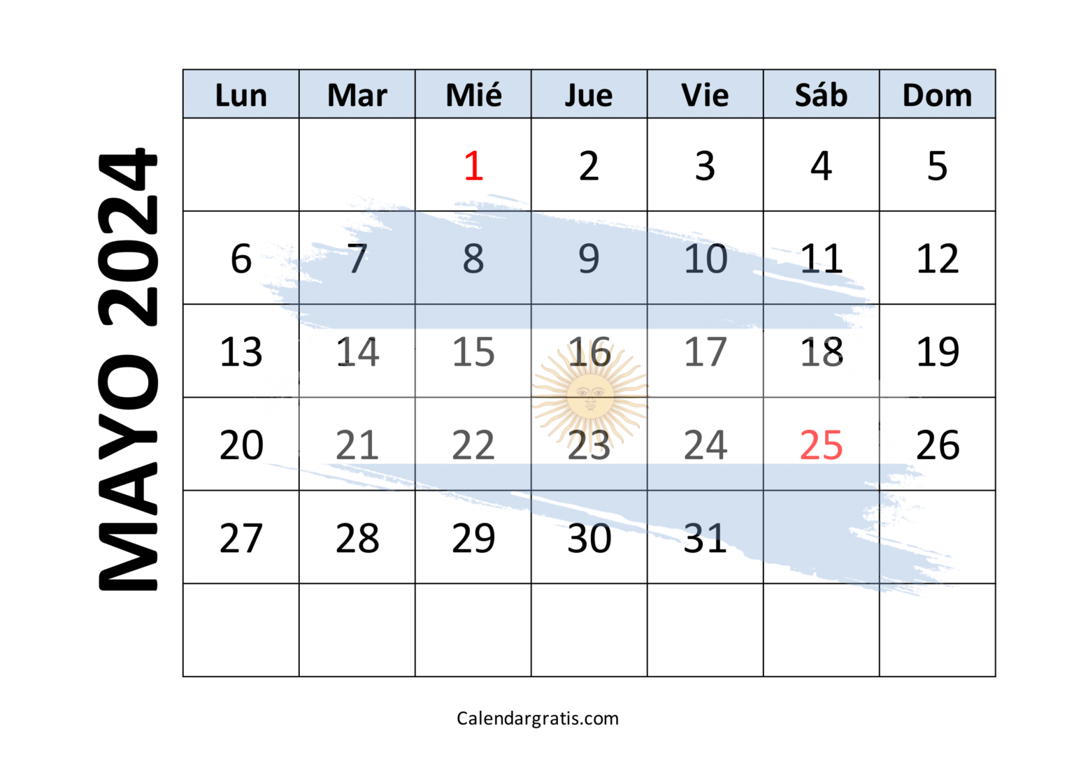 Calendario mayo 2024 con festivos - México, Colombia, España, Argentina