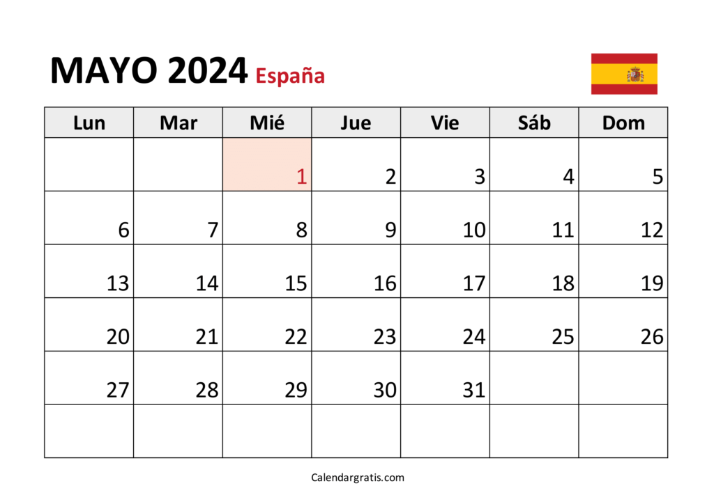 Calendario mayo 2024 con festivos - México, Colombia, España, Argentina