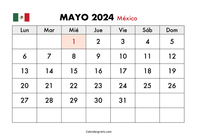Calendario mayo 2024 con festivos - México, Colombia, España, Argentina
