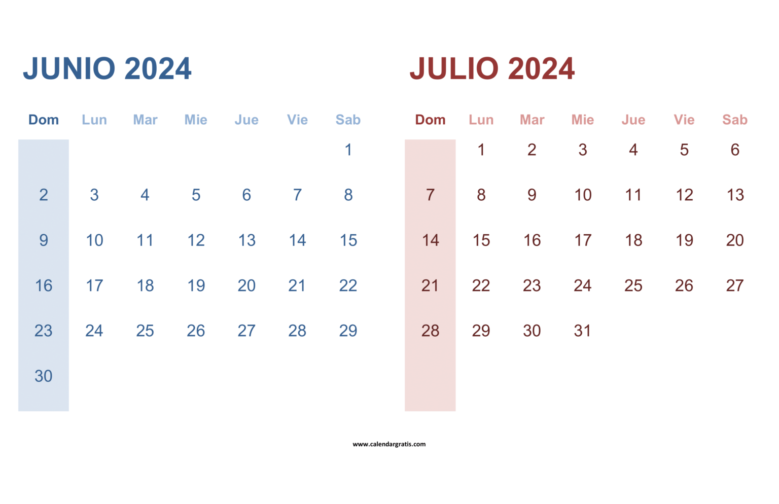 Calendario Junio Julio 2024 Para Imprimir - Calendar Gratis