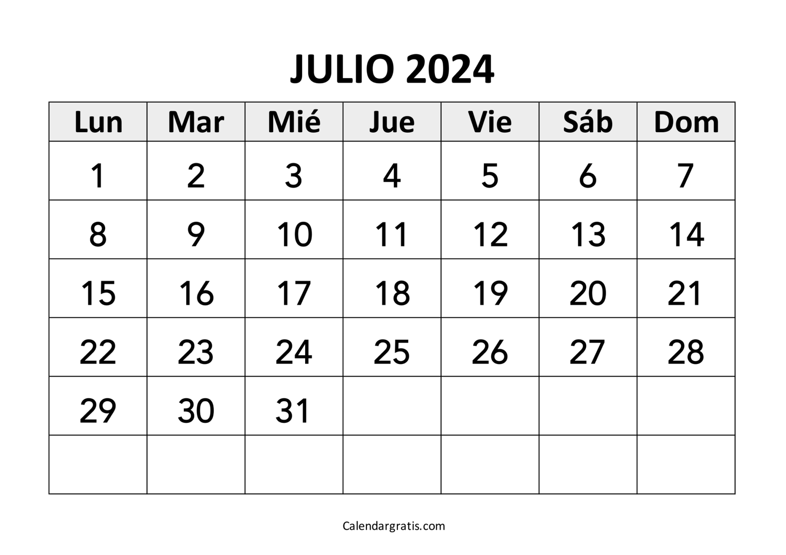 Calendario del mes de julio 2024 para imprimir gratis