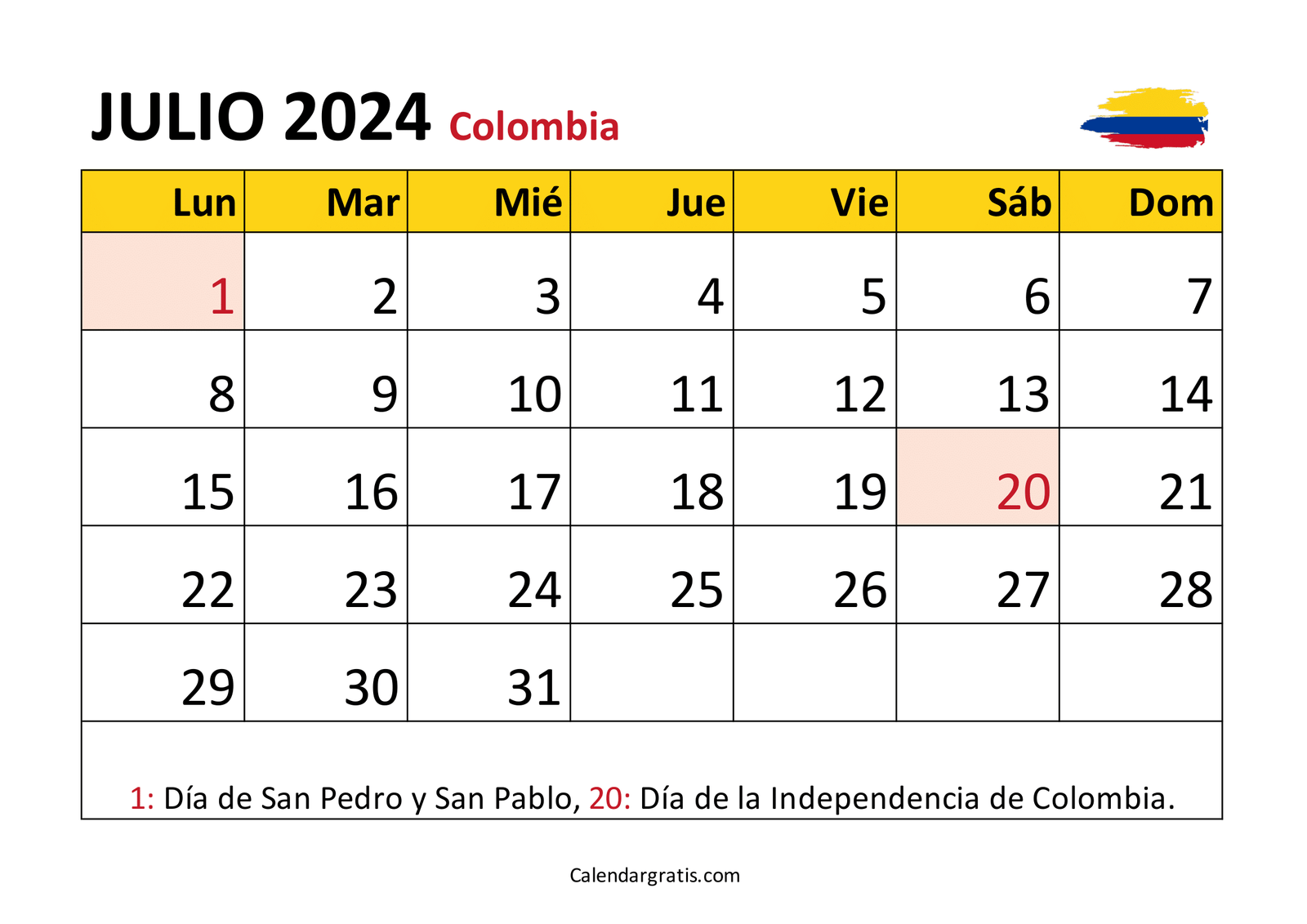 Calendario Julio 2024 Con Días Festivos Para Imprimir
