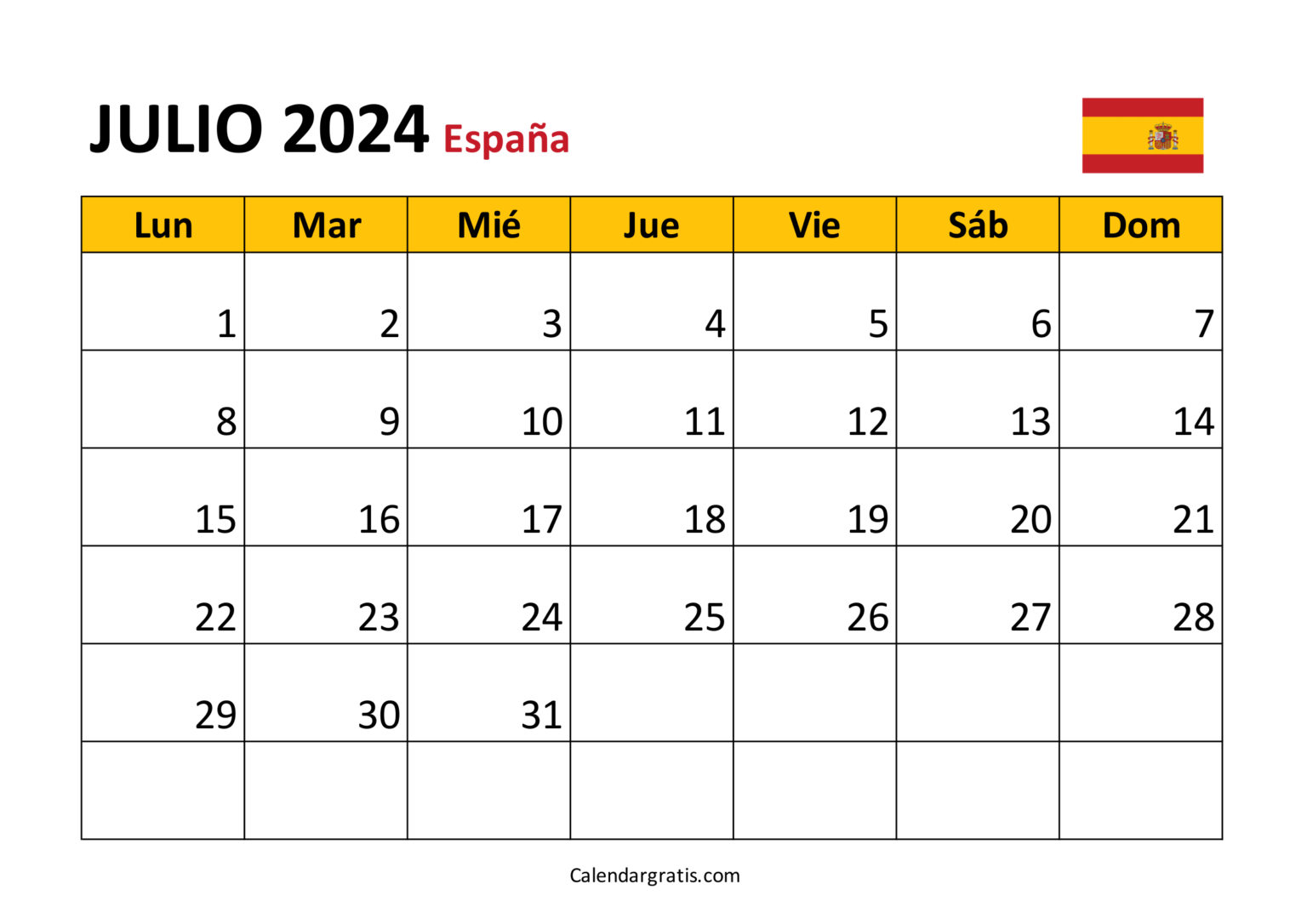 Calendario julio 2024 para imprimir gratis : Con festivos